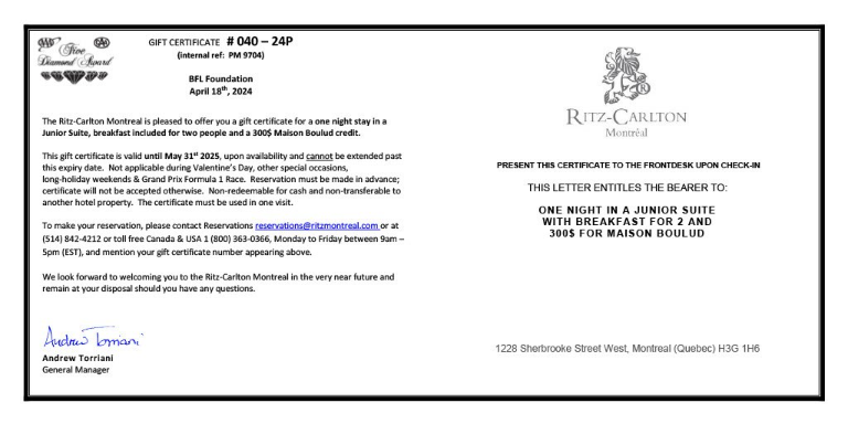 Ritz Carlton de Montréal - Certificat cadeau de 2 000 $ | Coupe ...