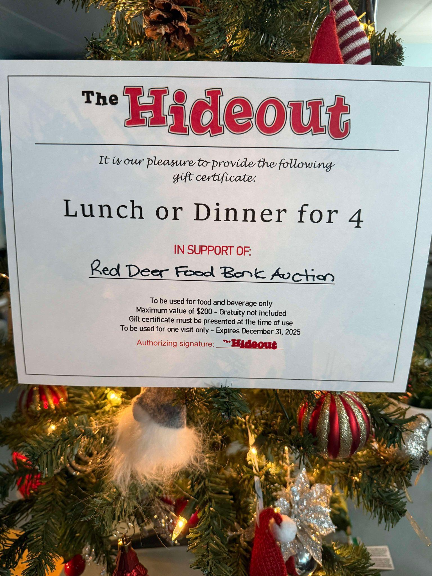 Lunch or Dinner for 4 at the Hideout Restaurant | Red Deer Food Bank ...